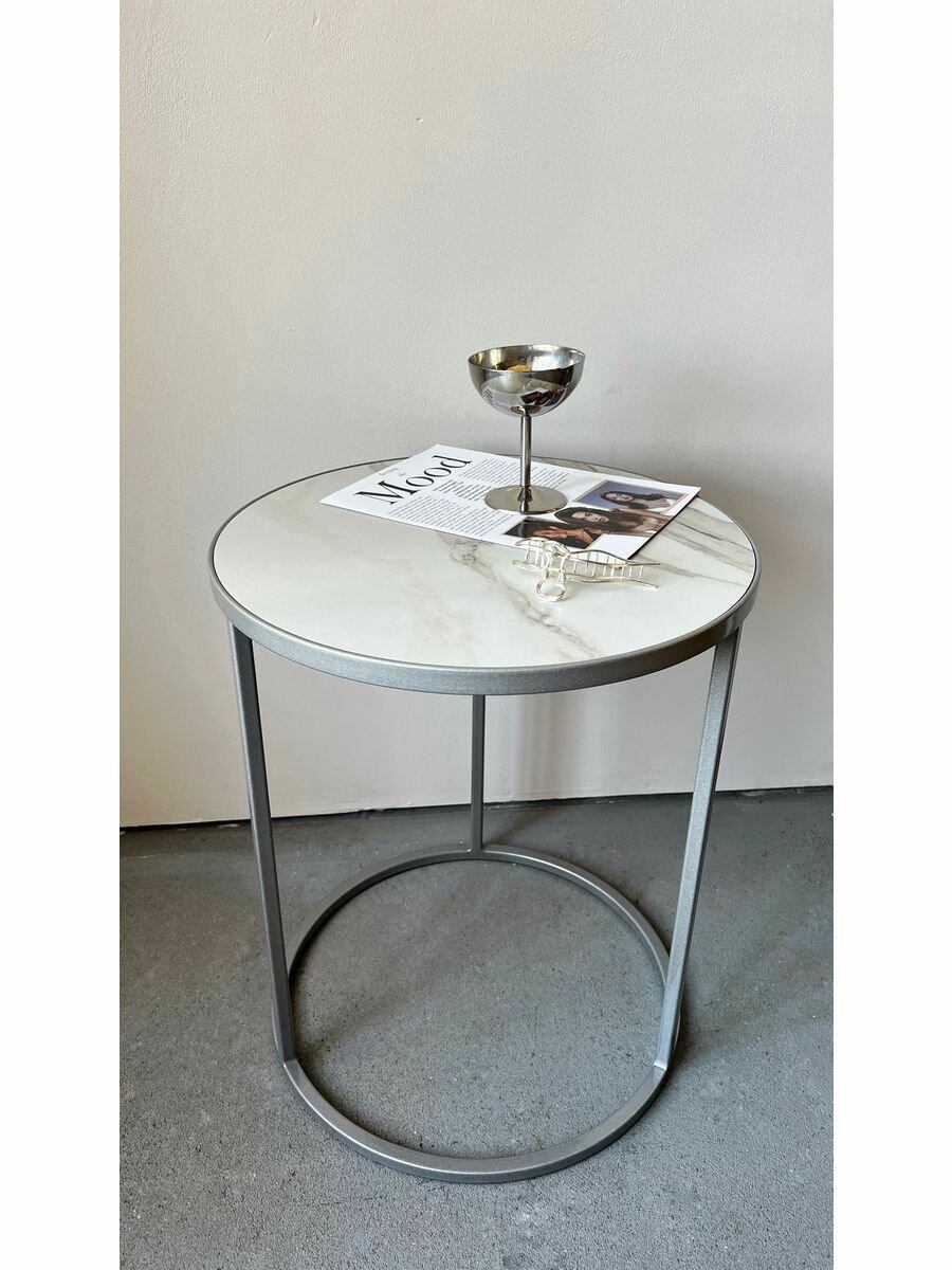 Журнальный стол LUCHI FURNITURE "Марбл серебро", керамогранит, металл, диаметр 45см