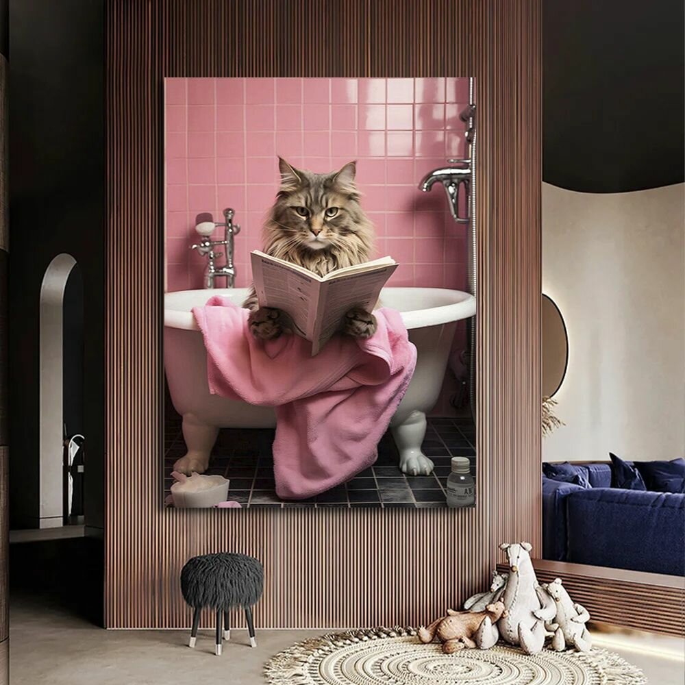 Картина ВсеКартины. тут "Кот в ванной", на подрамнике, дерево, печать, 30x20 см