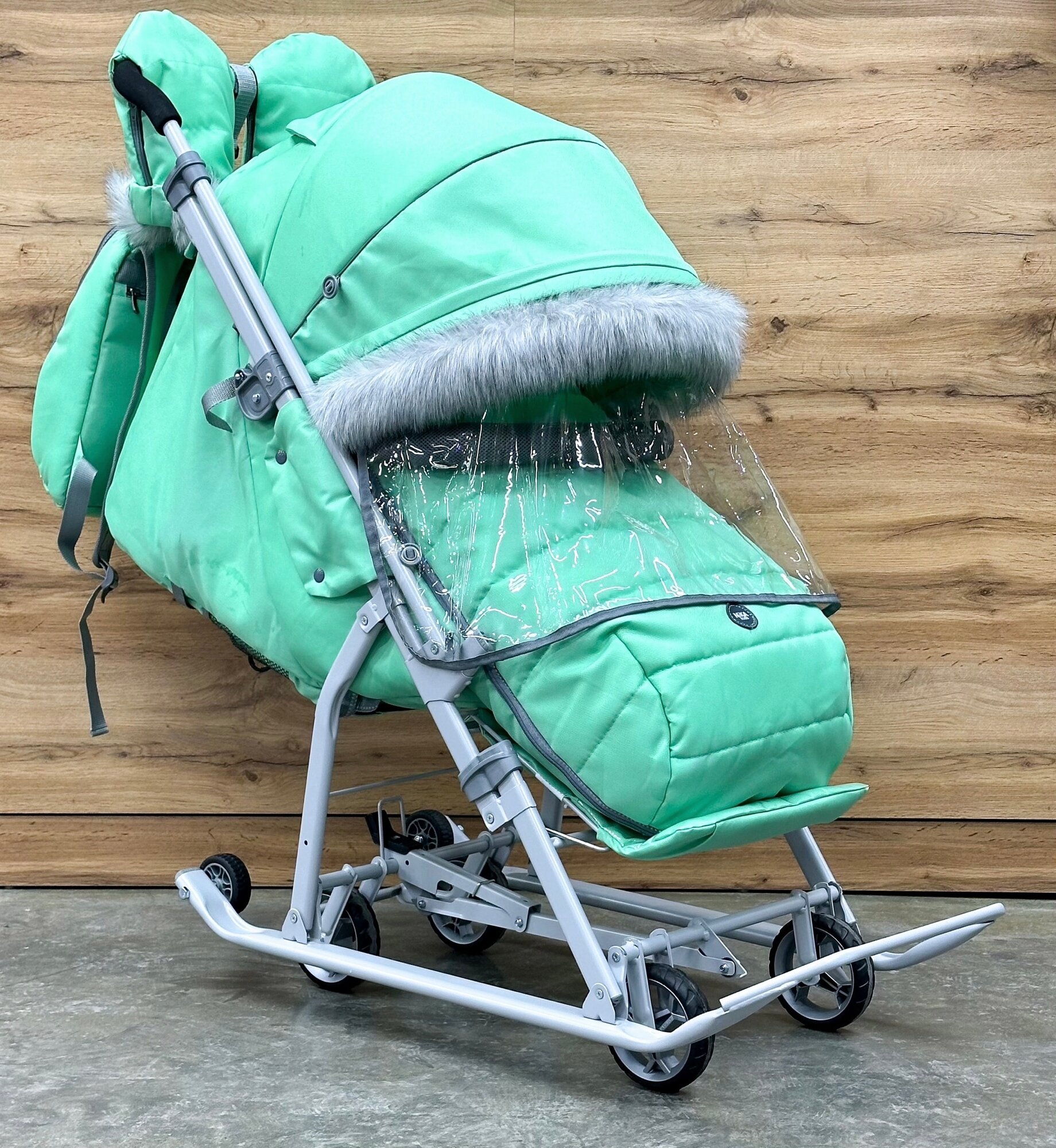 Санки-коляска Nika Ника Детям 7-5SK НД7-5SK, перекидная ручка, рюкзак, барьера, цвет: мятный