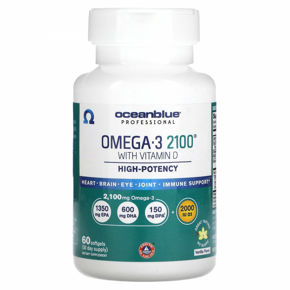 OceanBlue, Professional, Omega-3 2100® с витамином D, высокоэффективная, апельсин, 60 капсул