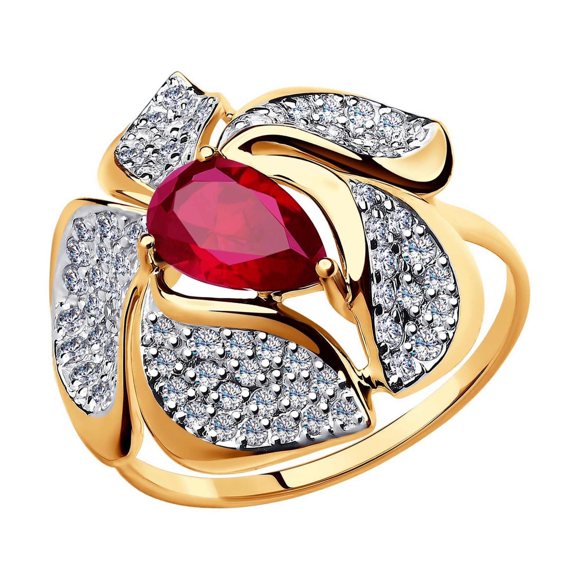 Кольцо, красное золото, 585 проба, фианит, корунд