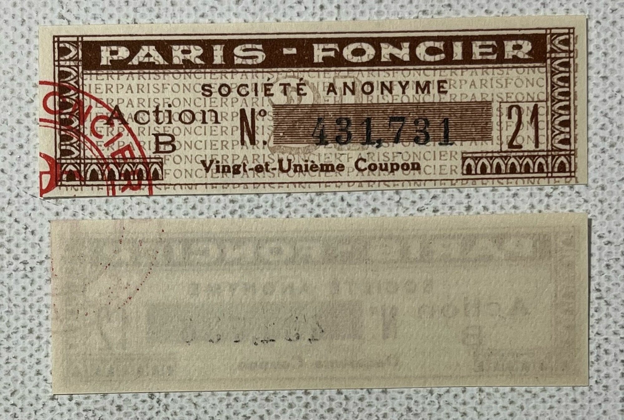 Купон от акции. Парижское земельное общество