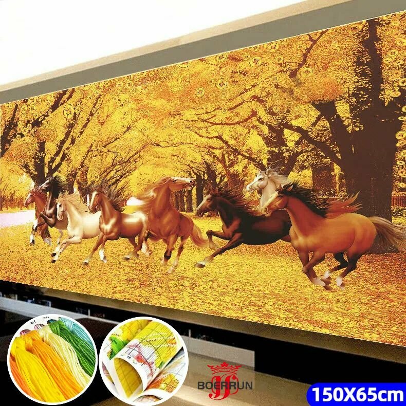 Набор для вышивания крестом, вышивка крестиком Пейзаж Золотой конь, 11CT 150x65cm, полная зашивка (без подрамника, без рамки)