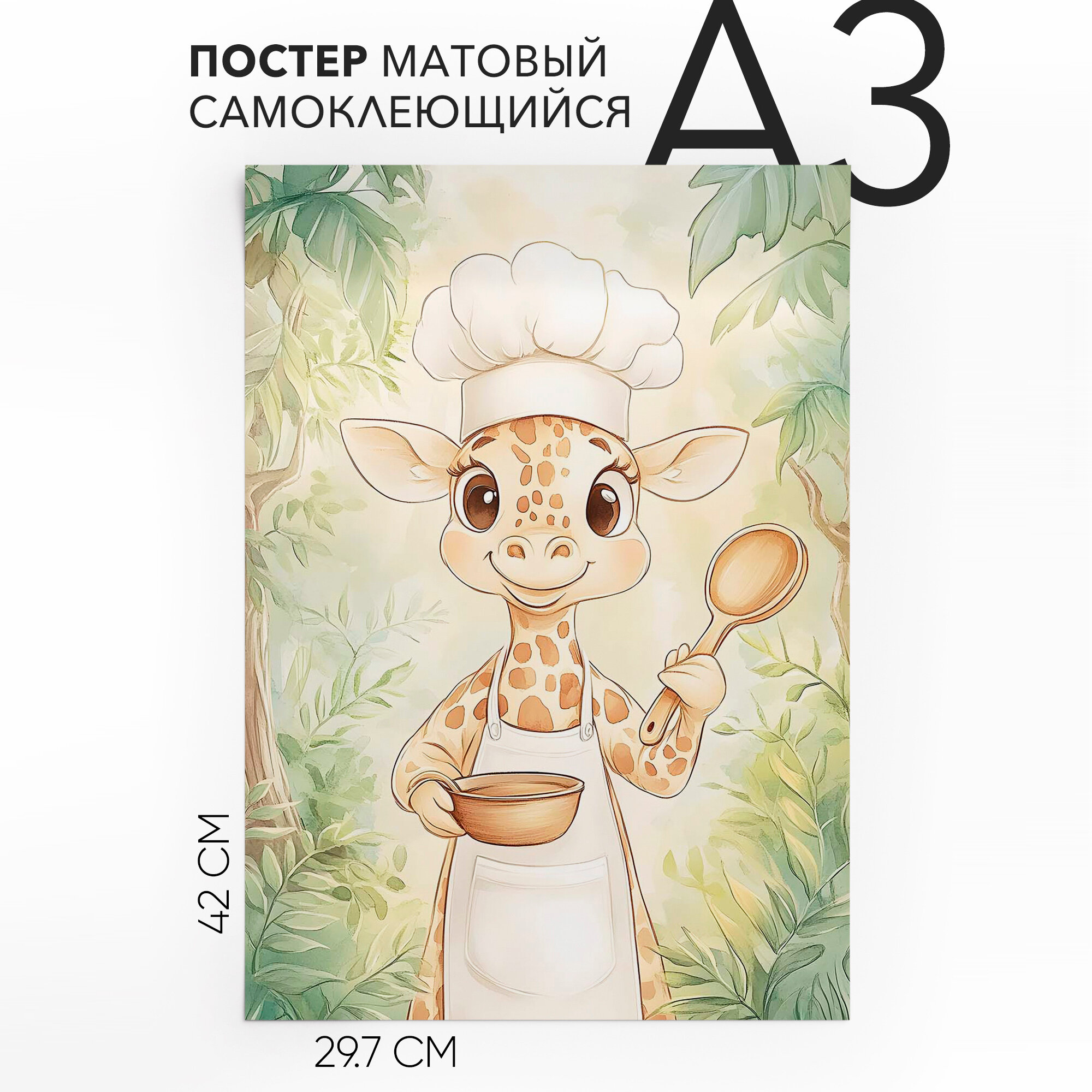 Постеры плакаты, детский самоклеящийся A3 Жираф повар, влагостойкий, для декора