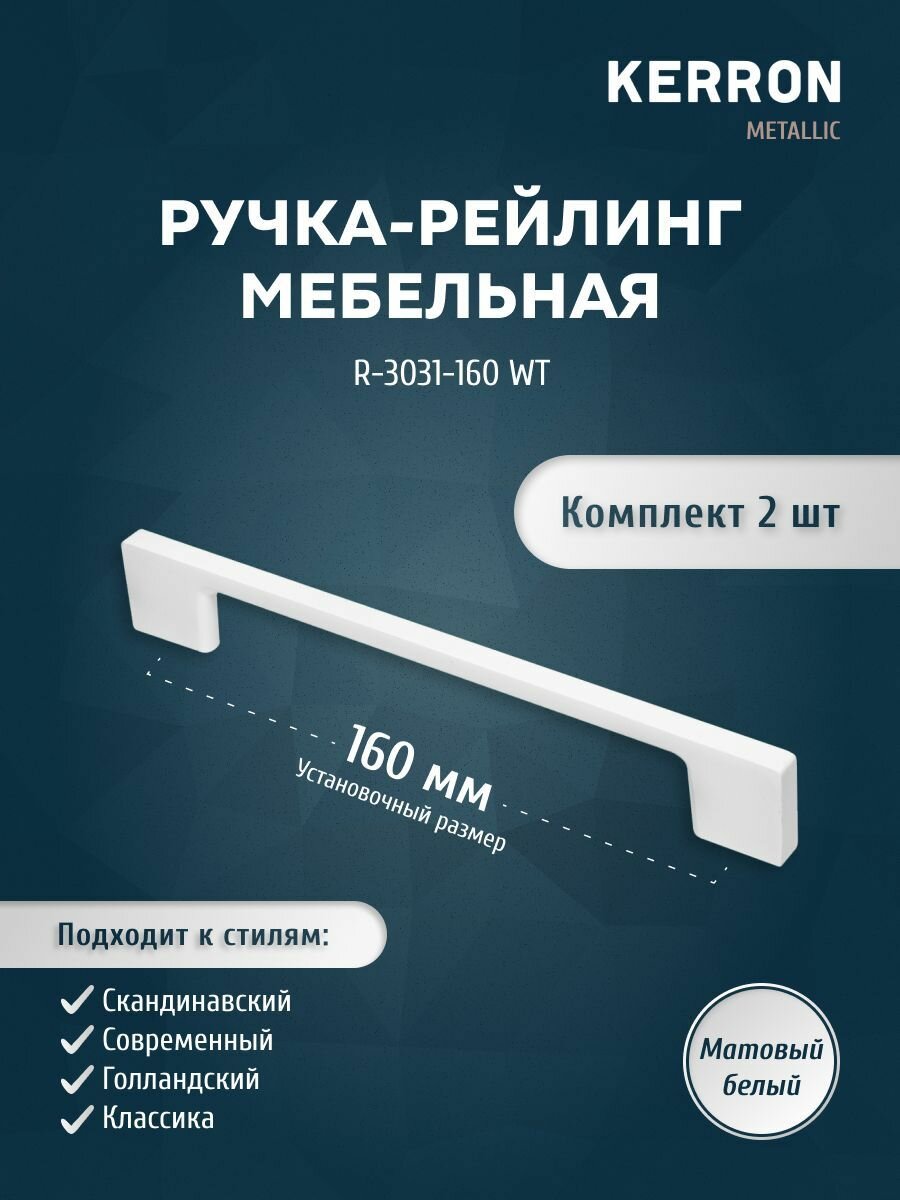 Набор мебельных ручек KERRON 2 шт. / Мебельная ручка скоба 160 мм / Комплект ручек-скоб, цвет белый, винты крепления 22 мм в комплекте