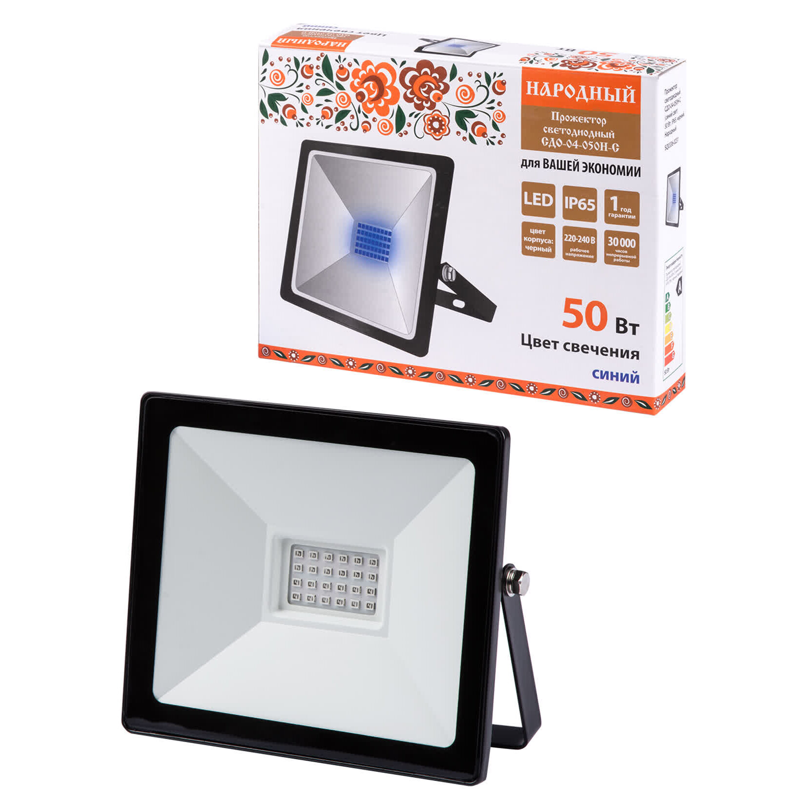Прожектор светодиодный СДО-04-050Н-С (синий свет) 50 Вт, IP65, черный, Народный, TDM SQ0336-0231 (1 шт.)