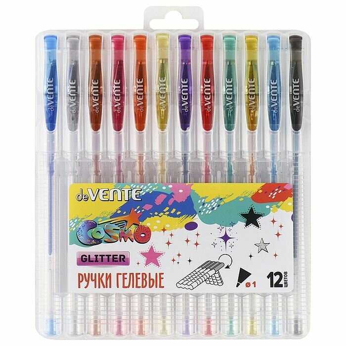 Гелевые ручки deVENTE "Cosmo Glitter", 12 цветов с блестками, диаметр 1 мм, прозрачный корпус