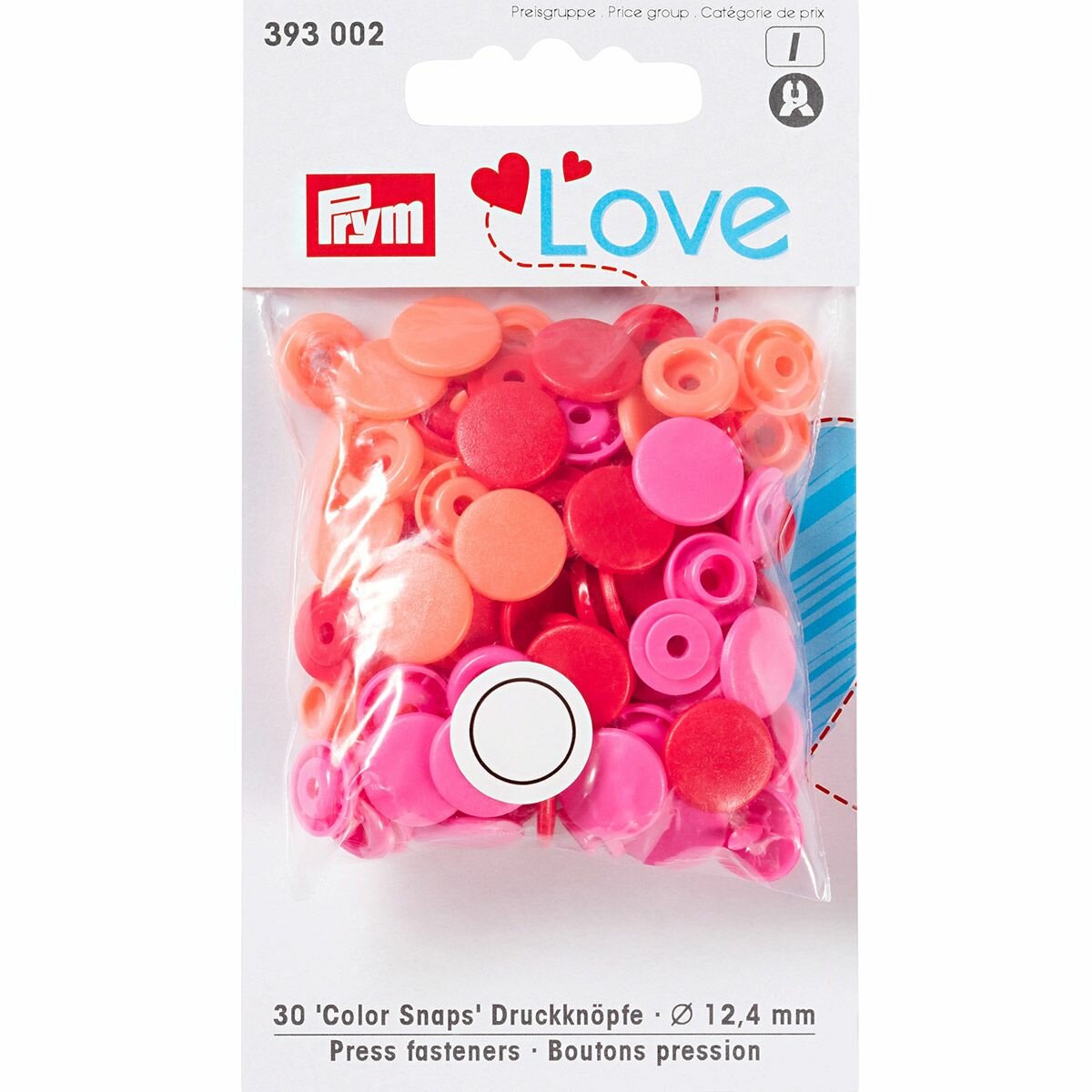 Кнопки PRYM "Color Snaps", пластик, диаметр 12,4 мм, цвета Красный, розовый, оранжевый, 30 шт (393002)