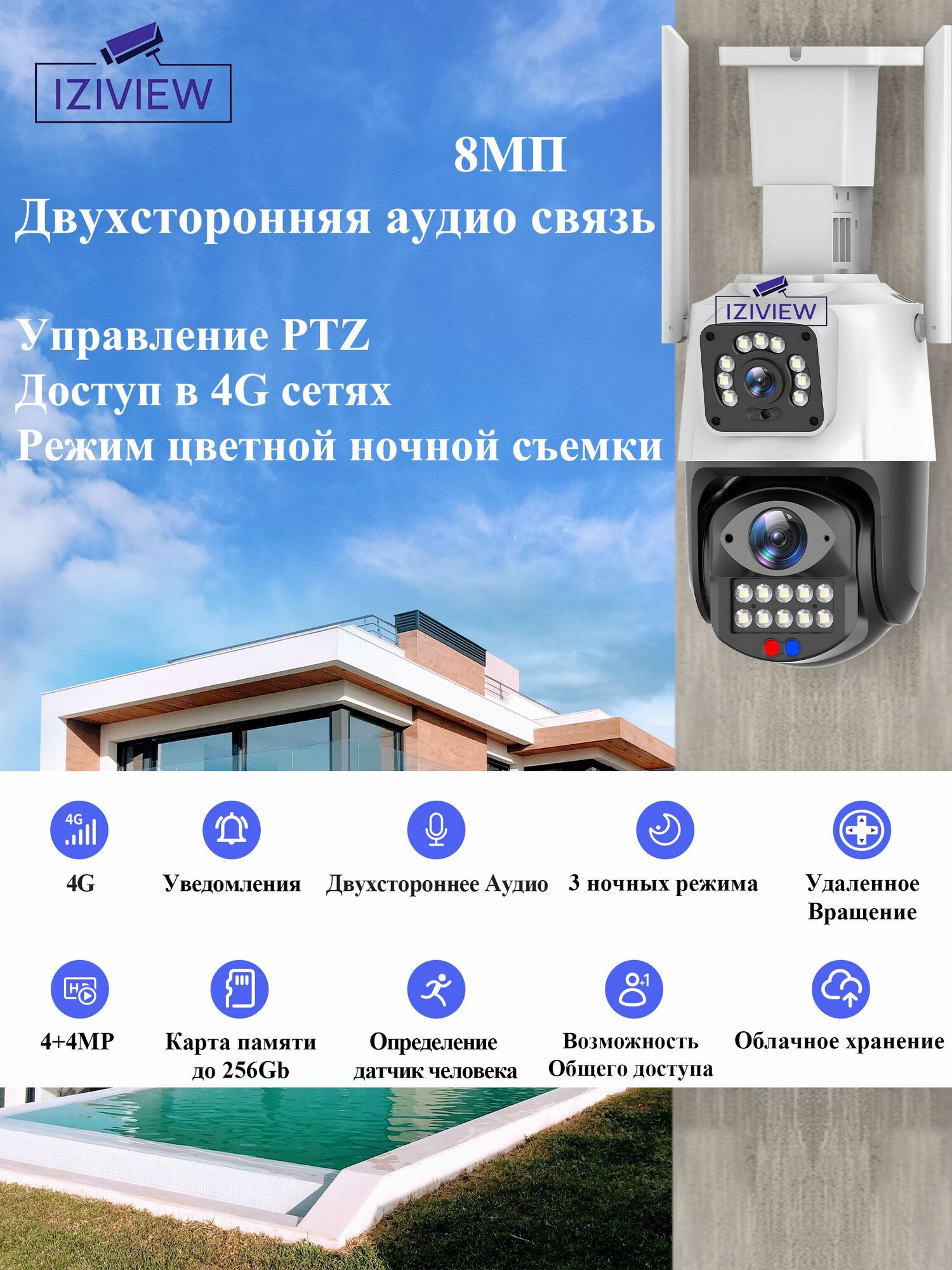 Беспроводная поворотная камера видеонаблюдения с сим картой 4G уличная, Двойная камера для дома IP с Sim картой , видеокамера с ночной съемкой и датчиком движения, 8 мп, качество 4mp + 4мп