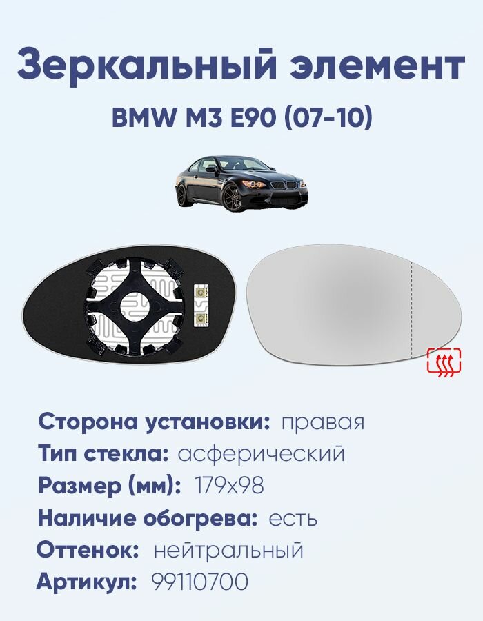 Зеркальный элемент правый BMW M3 E90 (07-10) асферика нейтральный с обогревом