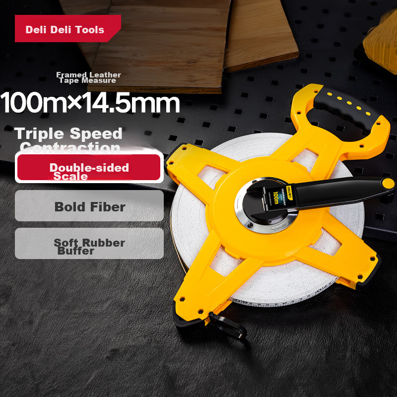 Deli Triple-Speed Frame Leather Tape Measure, Handheld Measuring Tape, Engineering Measuring Ruler, 100m X 14.5mm