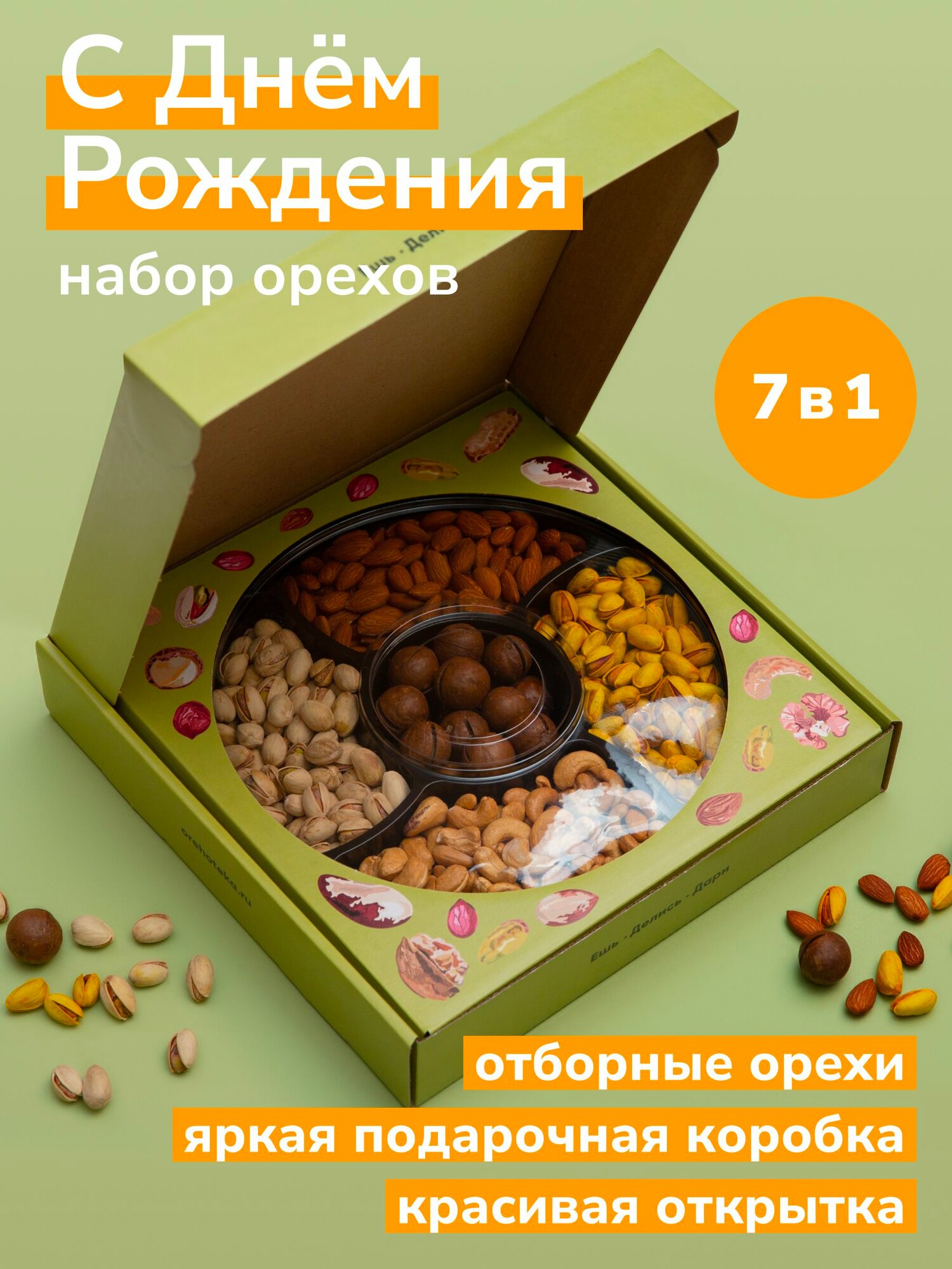 Набор орехов в подарок на День Рождения / В составе: макадамия, миндаль, фисташки Калифорния и с шафраном, кешью / Презентабельная коробка и открытка