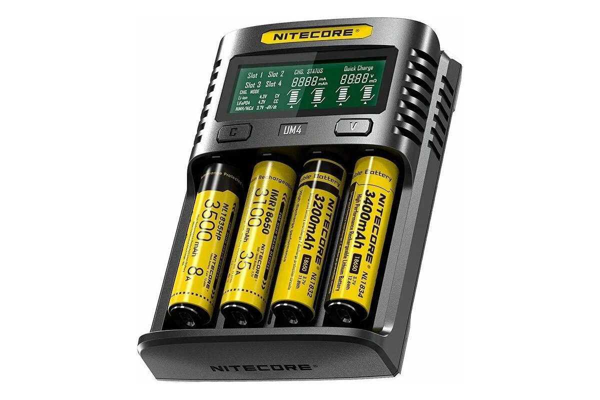 Nitecore Зарядные устройства UM4 18650/21700 на 4АКБ Intellicharge V2 Совместим с Li-ion/IMR и Ni-MH/Ni-Cd аккумуляторами с автоматическим определением 18265