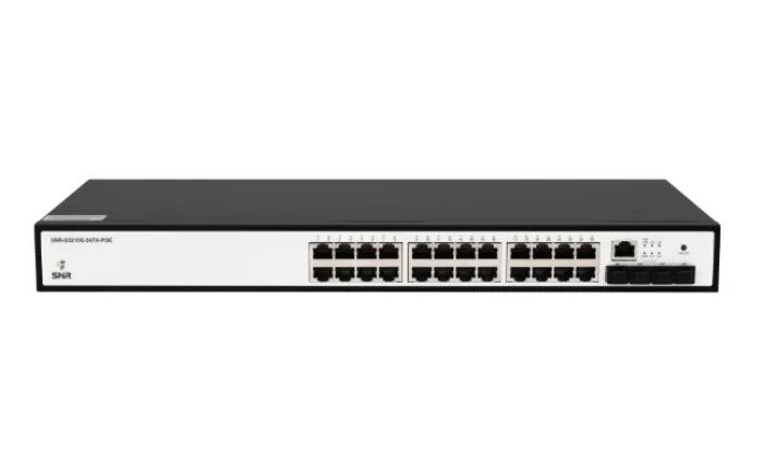 Управляемый коммутатор SNR уровня 2+, 24 порта 10/100/1000Base-T с поддержкой POE, 4 порта 1/10G SFP+, бюджет POE 370W