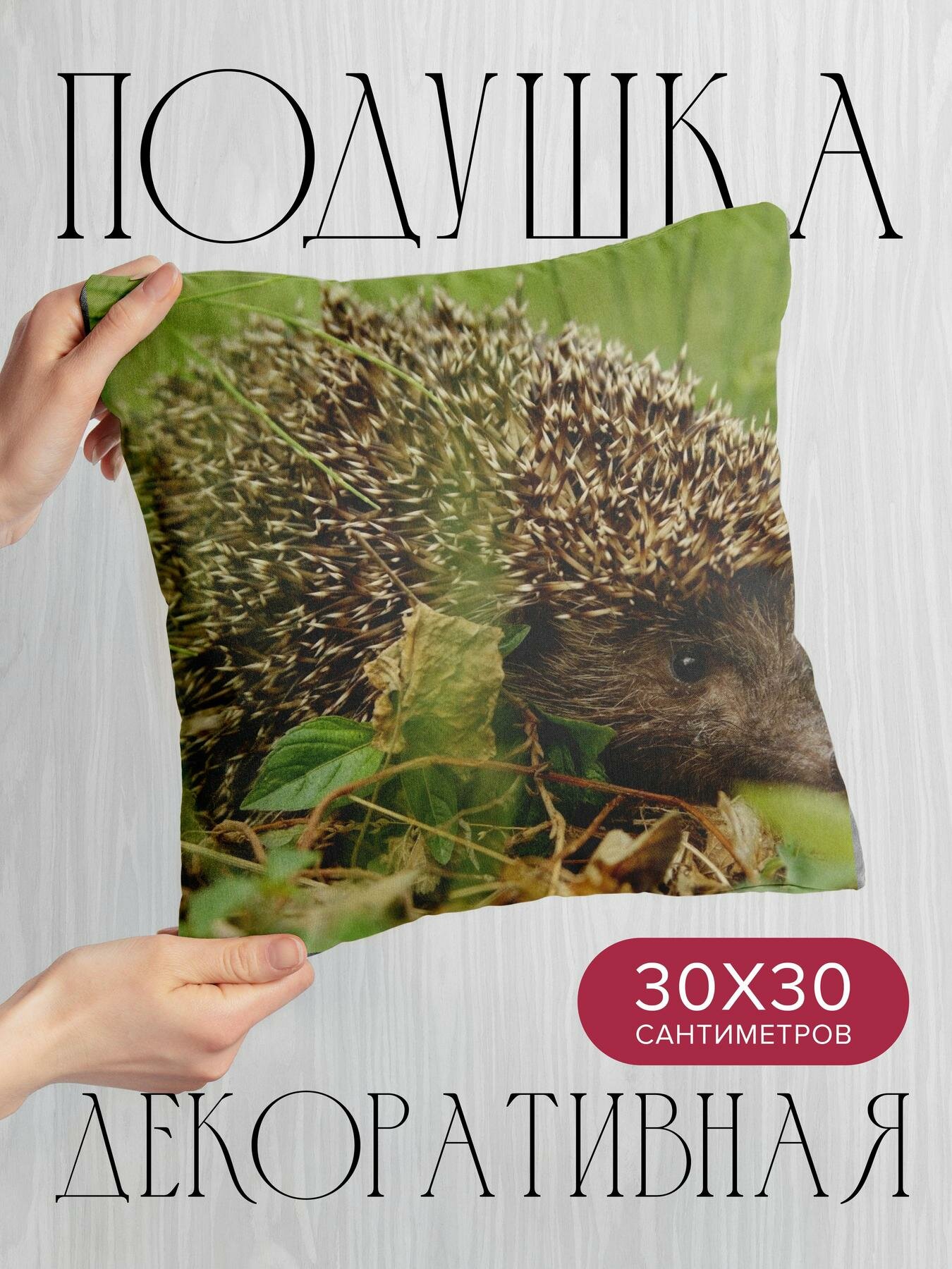 Подушка декоративная, 30x30см / Животные / ежик / трава