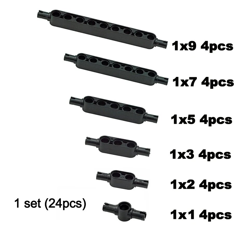 Черные соединители Technic 1x1-1x9 (24шт)