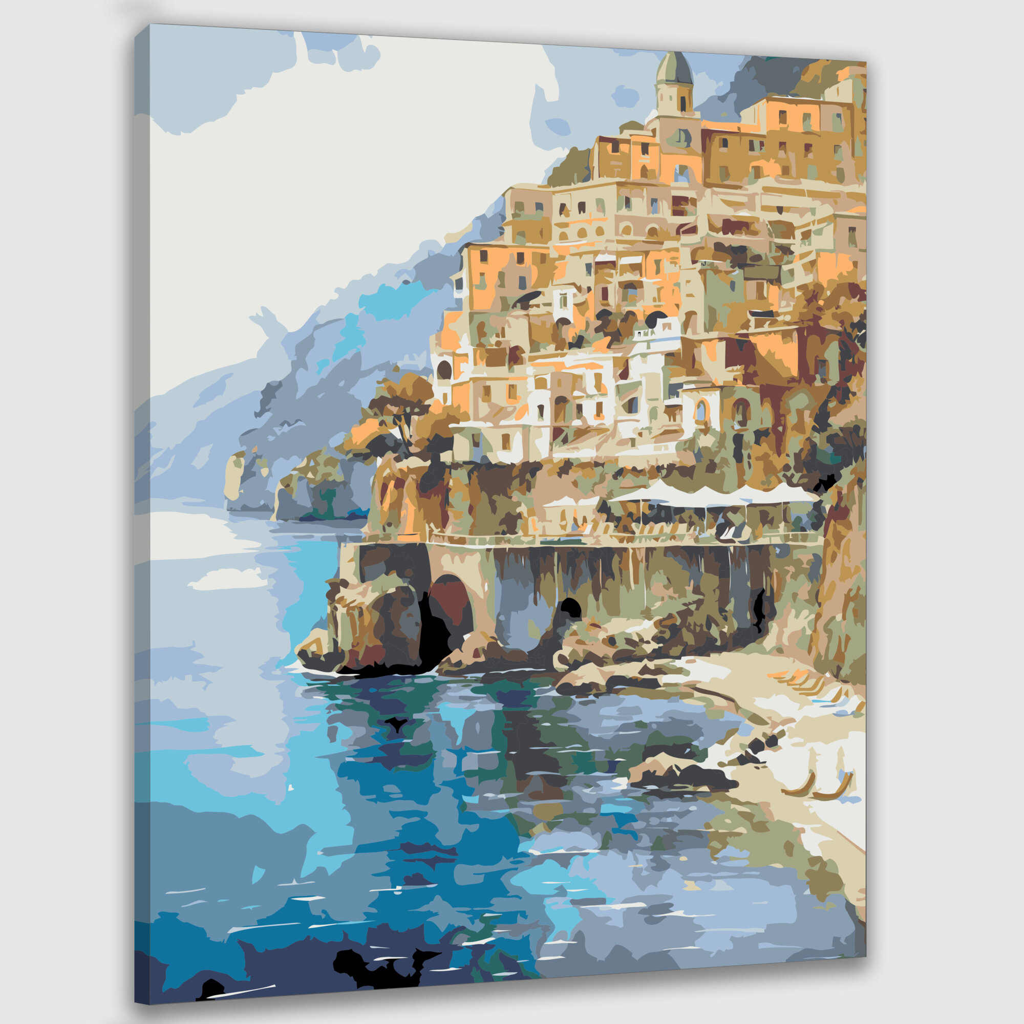Картина по номерам 40x50 см, акварельная картина, побережье Амальфи, скалы, Средиземное море, прибрежные деревни, холмы