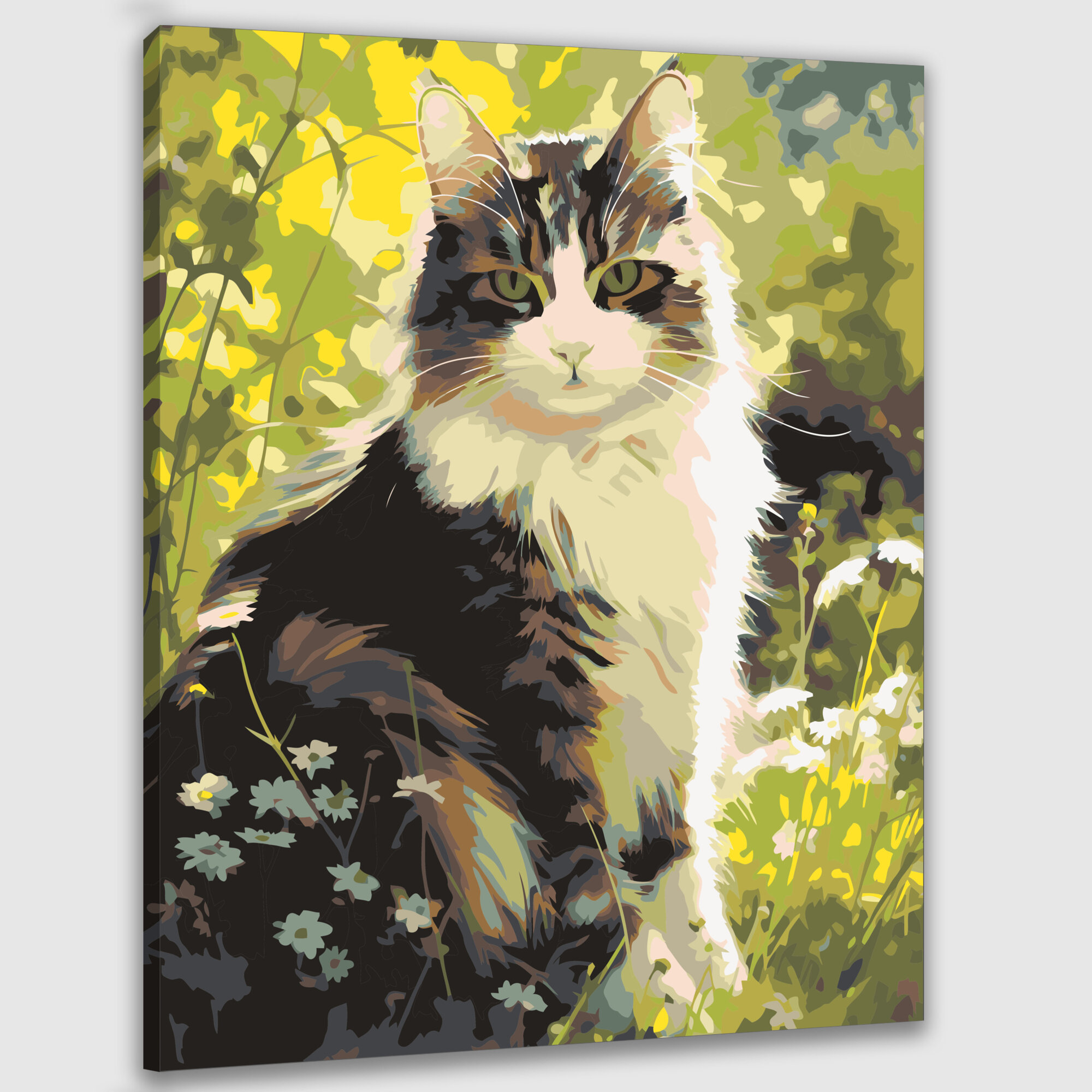 Картина по номерам 40x50 см, акварельная картина, кот, дремлющий, солнце, трава, цветы, ветерок, мечтательное выражение