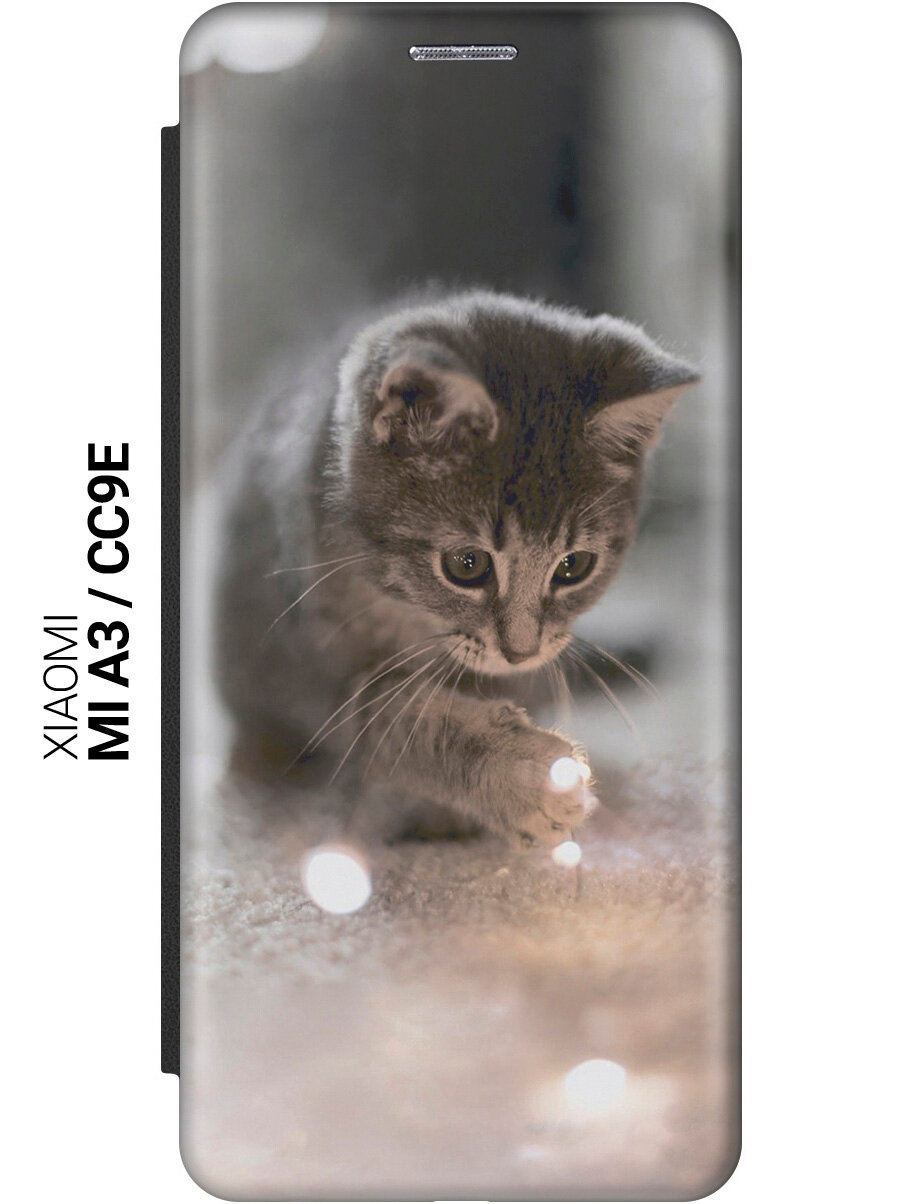 Чехол-книжка на Xiaomi Mi A3, CC9e, Сяоми Ми А3, Ми СС9е с 3D принтом "Котенок и свет" черный
