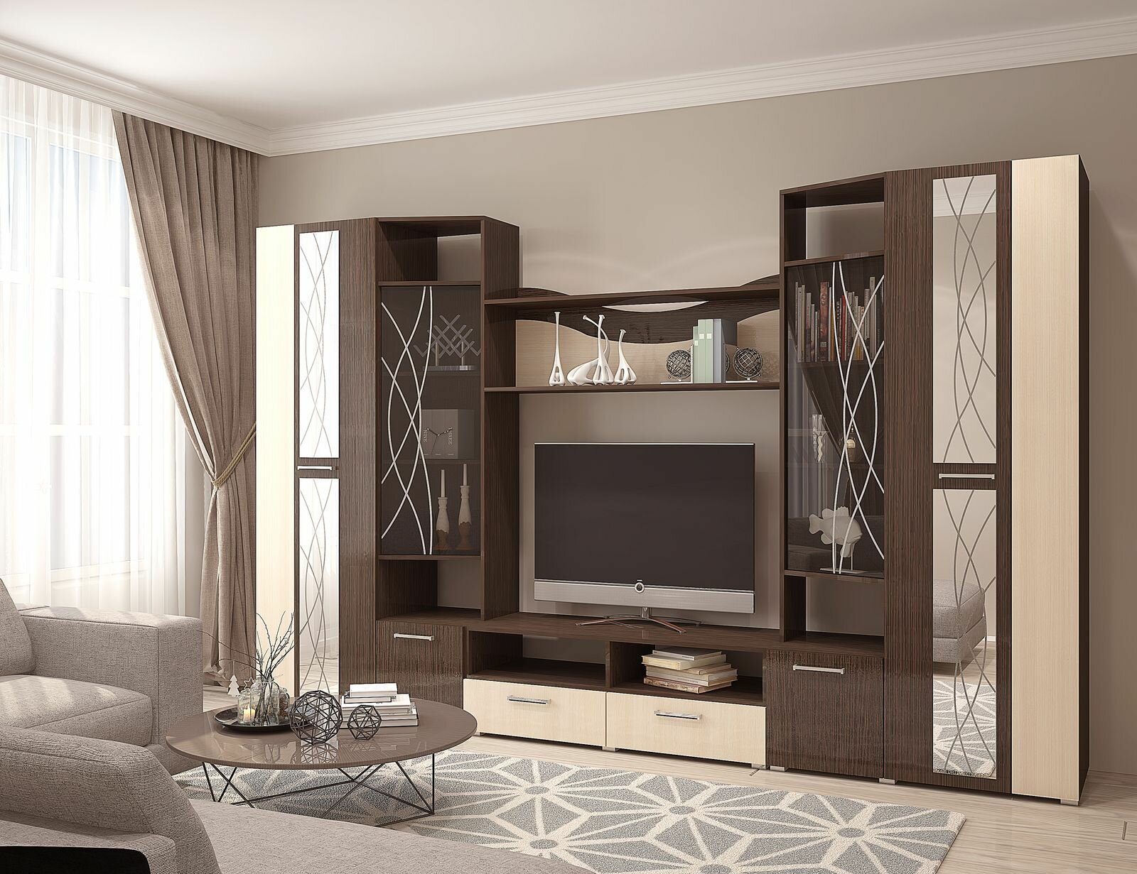 Гостиная Гамма, цвет Венге/Венге-Дуб молочный (с зеркалом) ширина 320 см ЛДСП с 2 шкафами и зоной под тв