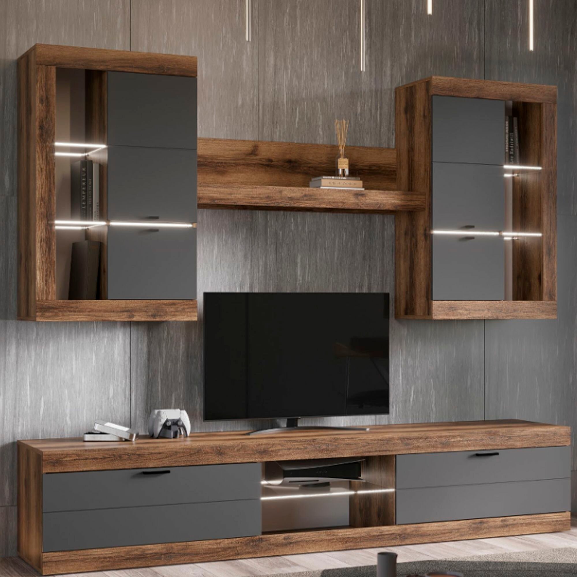 Модульная гостиная "прага", комплект 2, Дуб Делано / Графит, ширина 252.2 см, стенка в гостиную, тумба для TV