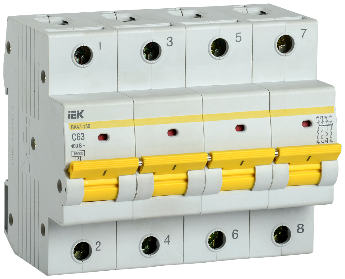 Автоматический выключатель ВА47-150 4Р 63А 15кА характеристика С ИЭК (автомат электрический) MVA50-4-063-C