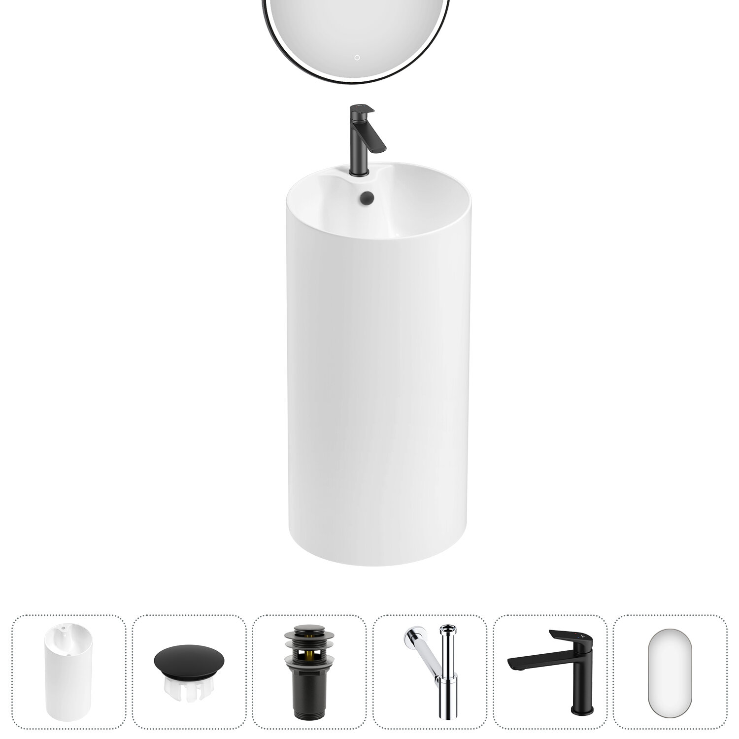 Круглая напольная раковина для ванной Wellsee Callipy Art 20218851R в наборе 6 в 1: отдельностоящая раковина моноблок в цвете белый глянец с заглушкой на переливзаглушка на перелив, донный клапан, сифон, смеситель, зеркало