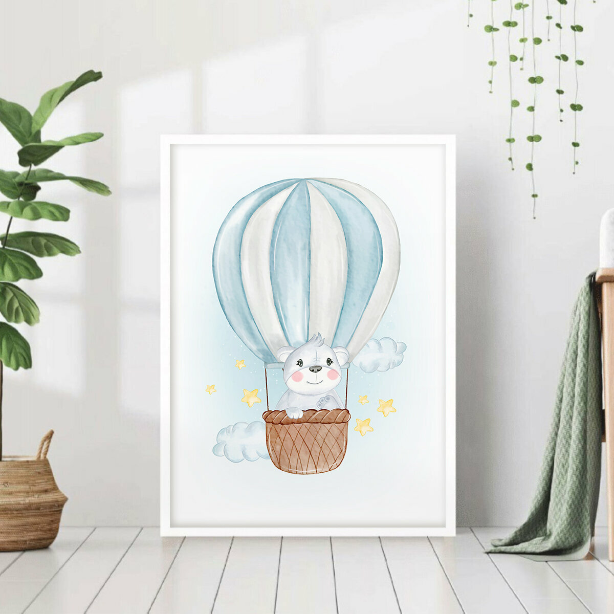 Постер "Мишка на воздушном шаре для детской" в белой рамке 40x50 см для интерьера на стену