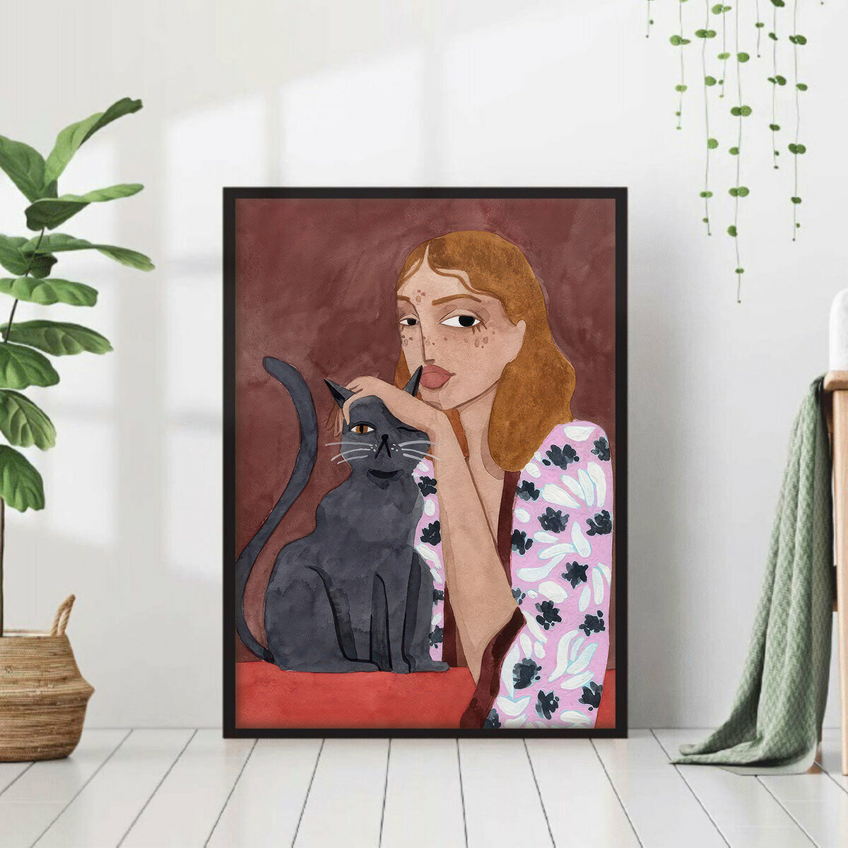 Постер "Брунна Манкузо девушка с кошкой" 40x50 в черной рамке для интерьера на стену