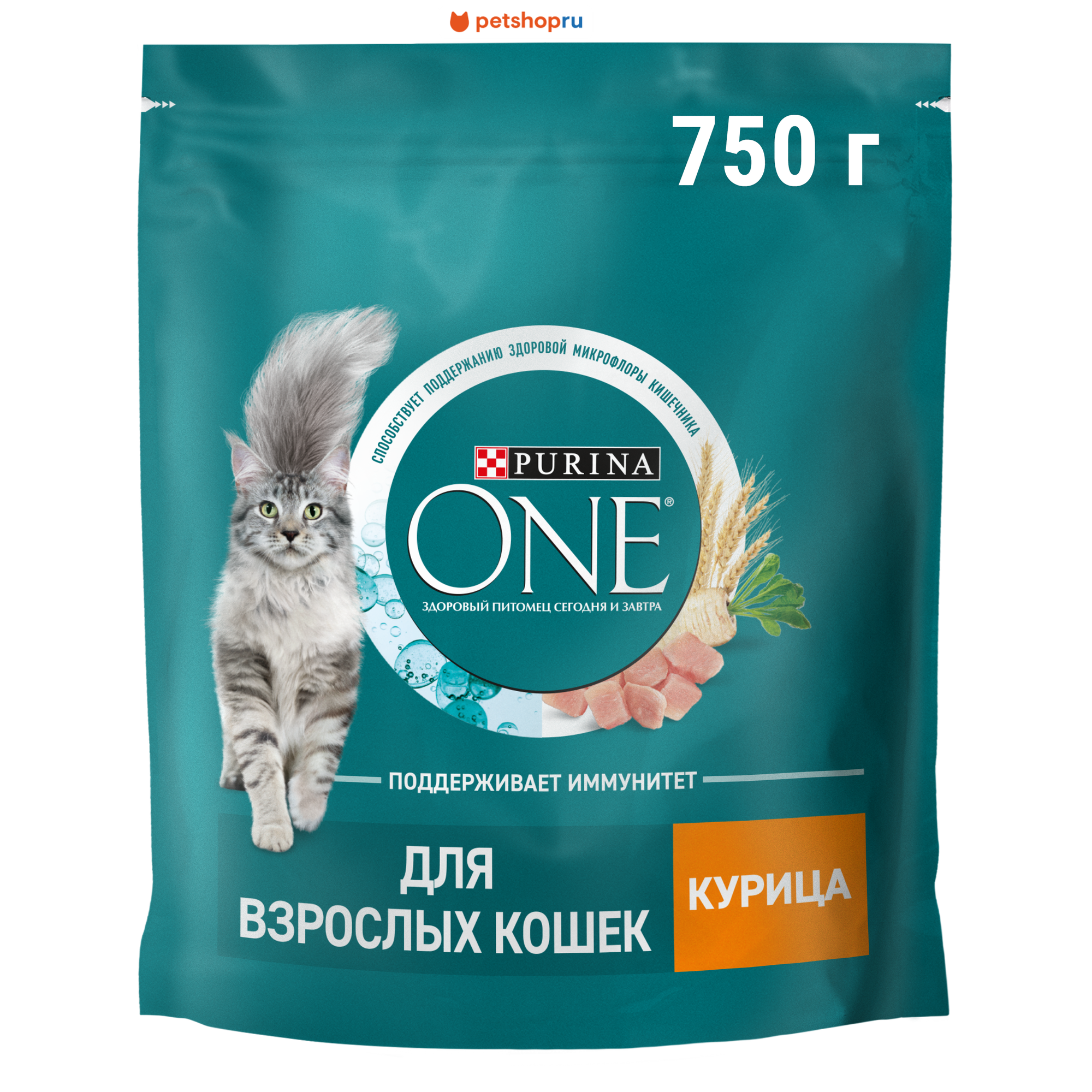 Purina ONE Сухой корм для взрослых кошек, с высоким содержанием курицы и цельными злаками, 750г