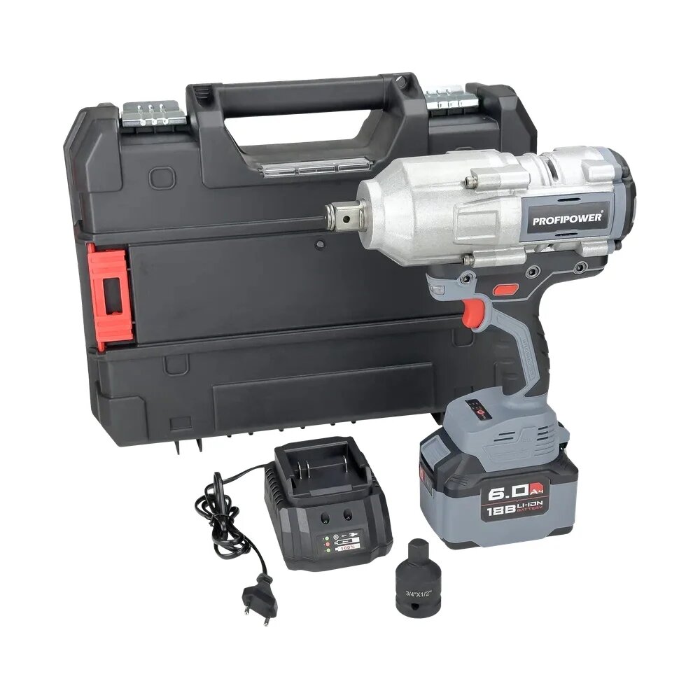 Profipower Аккумуляторный гайковерт бесщеточный ударный T-2000N (Li-ion-1шт, 6.0Ач, 2000Нм, адаптер переходника, З/У, в кейсе) E0187