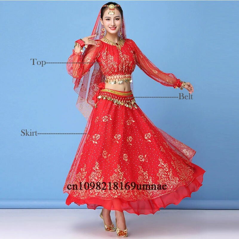 Костюм для танца живота, полиэстер, красный, синий, зеленый Красный, red 3pcs