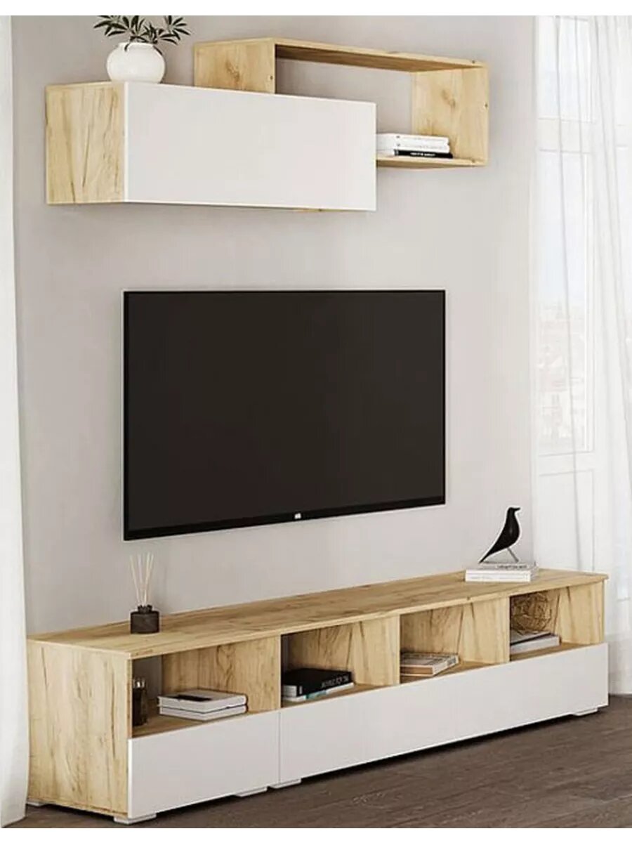 Стенка в гостиную Ирэн комплект, ТВ-Тумба, настенная полка, Белый / Дуб Крафт золотой