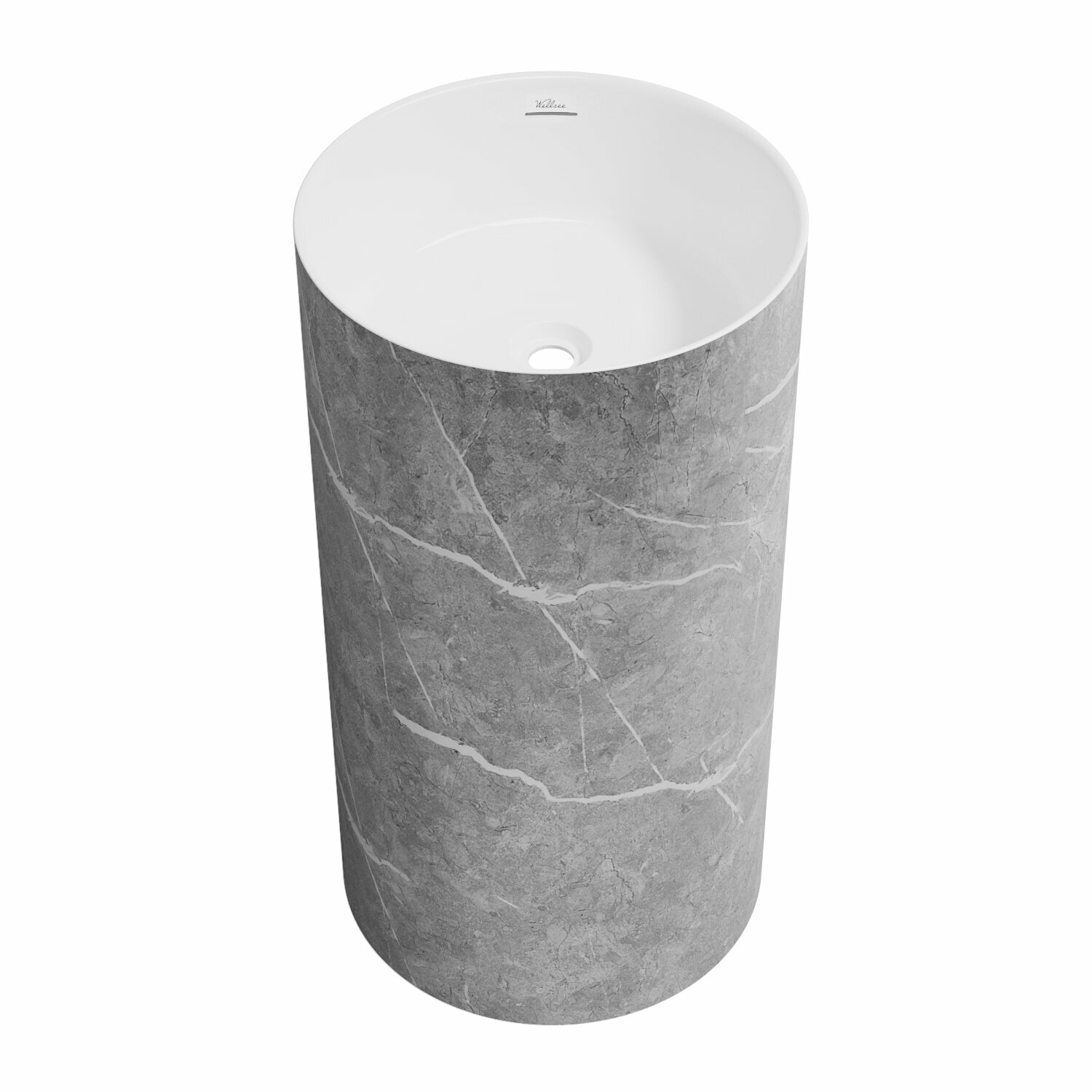 Круглая напольная раковина для ванной Wellsee Chalice Perfection 230618000: напольная отдельностоящая раковина моноблок из акрила, размер 45х45х85 см, чаша в цвете глянцевый белый (стенки матовый серый мрамор)