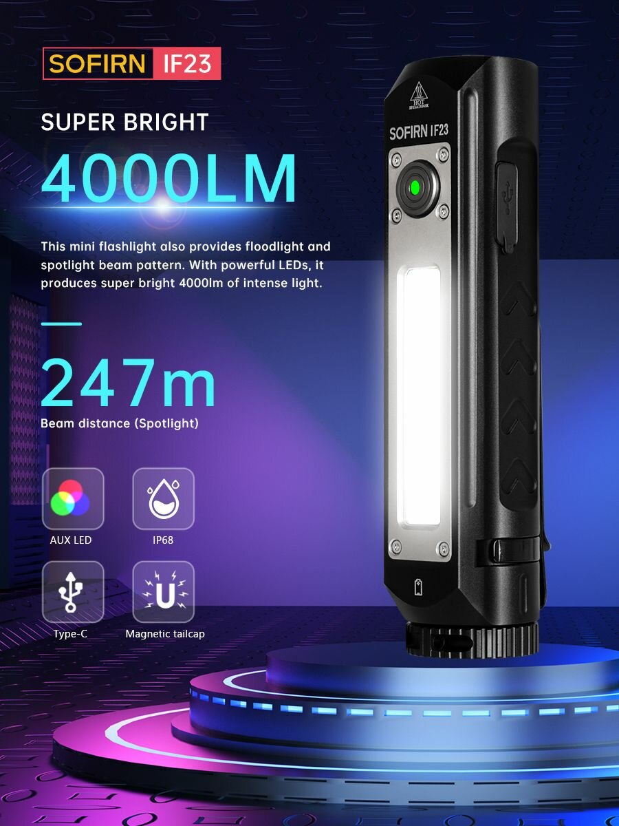 Sofirn IF23 4000lm XHP50 RGB Мощный фонарик 21700 6000K USB C перезаряжаемым прожектором с магнитом.