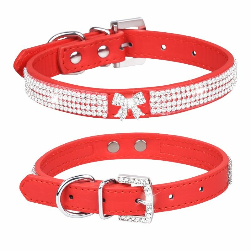 Ошейник из искусственной кожи со стразами для маленьких собак, кошек, Охват шеи от 20 до 26 см. Ширина 1,5 см