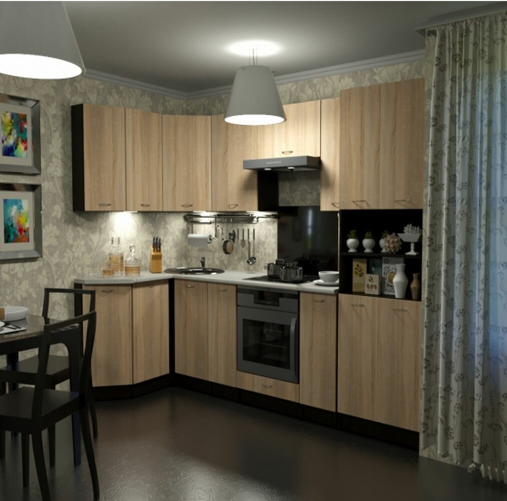 Кухонный гарнитур Симона гранд прайм 2600*1400 угловая ширина 260*140см цвет Дуб сонома/Берилл бежевый/венге с пеналом под духовой шкаф, открытыми полками, врезной мойкой