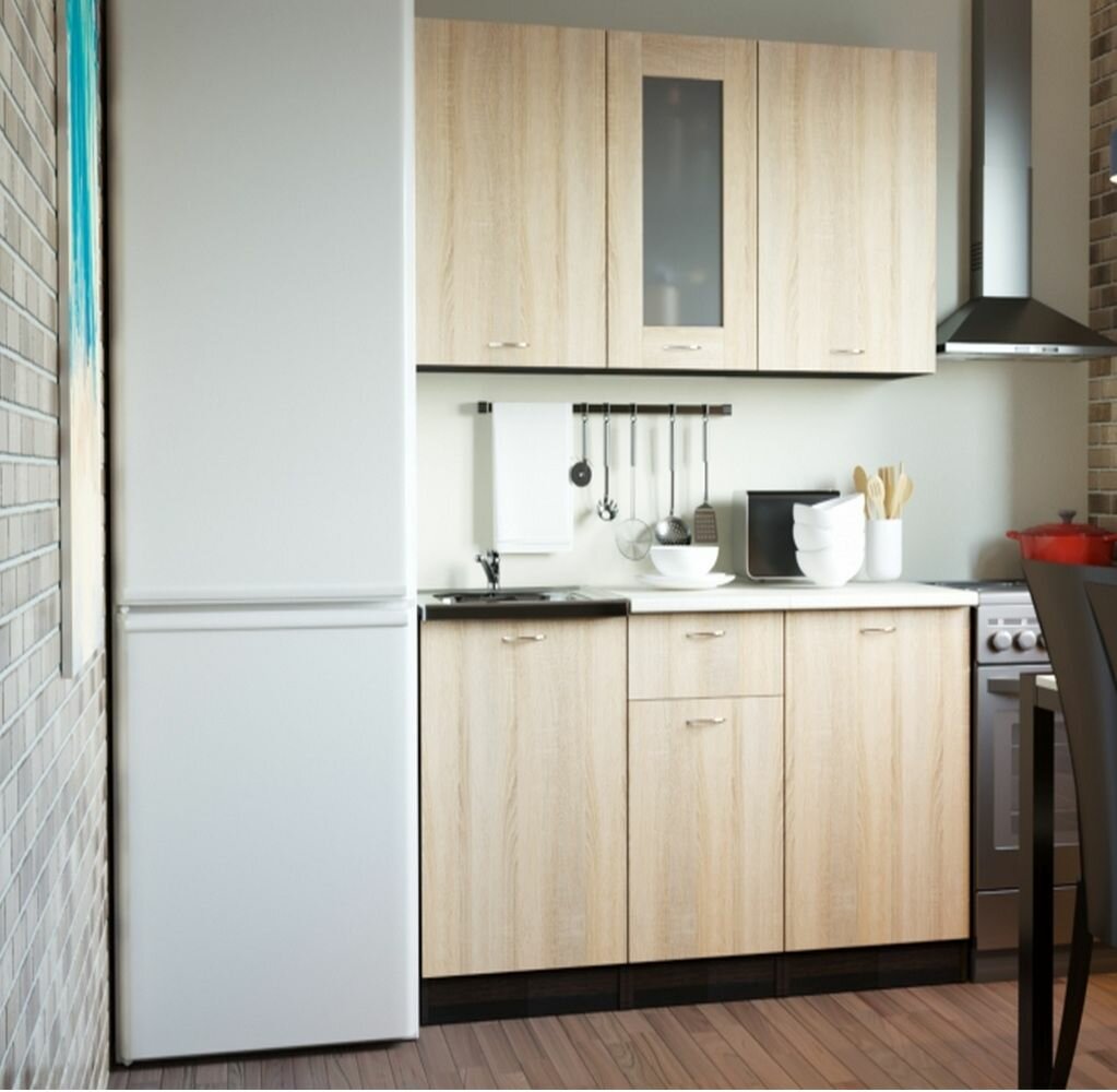 Кухонный гарнитур Симона медиум 1400мм прямая ширина 140см цвет Дуб сонома/Берилл бежевый/венге с выдвижными ящиками, шкаф с витриной, мойкой