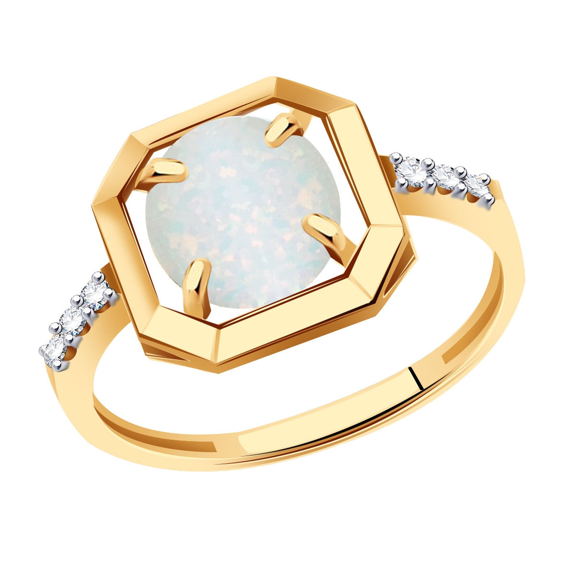 Кольцо, красное золото, 585 проба, опал, фианит