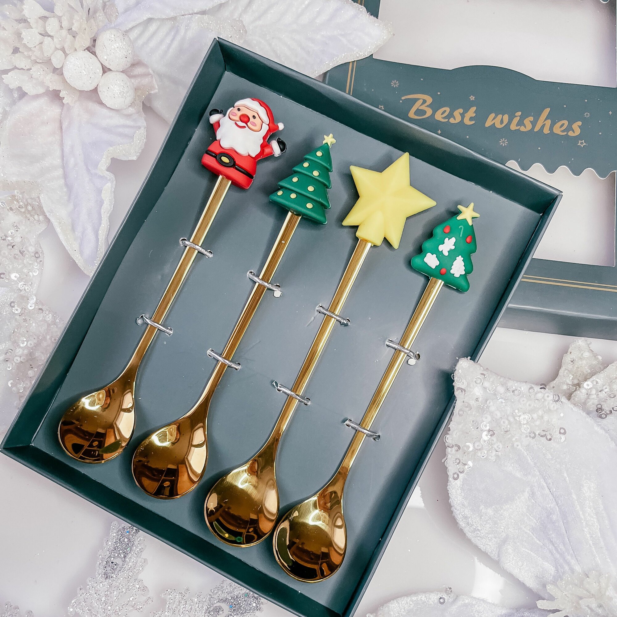 Набор из 4-х десертных новогодних рождественских ложек золото (подарок на новых год / рождество)