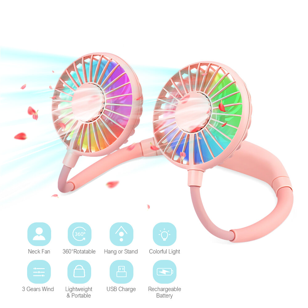 Вешной воротничный вентилятор с ароматерапией Миниатюрный гибкий носимый спортивный вентилятор Портативный и заряжаемый настольный вентилятор для охлаждения 3 скорости ветра 7 цветов светодиодный свет для дома офиса путешествий тренировок Черный