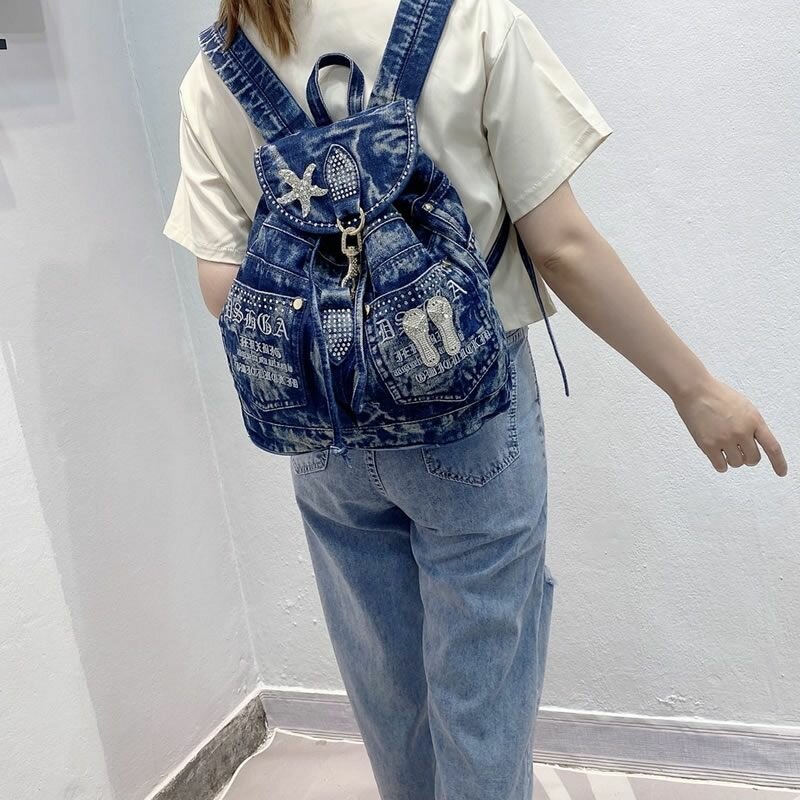 Джинсовый рюкзак женский, рюкзак из джинсы со стразами, модный аксессуар в подарок женщине, синий