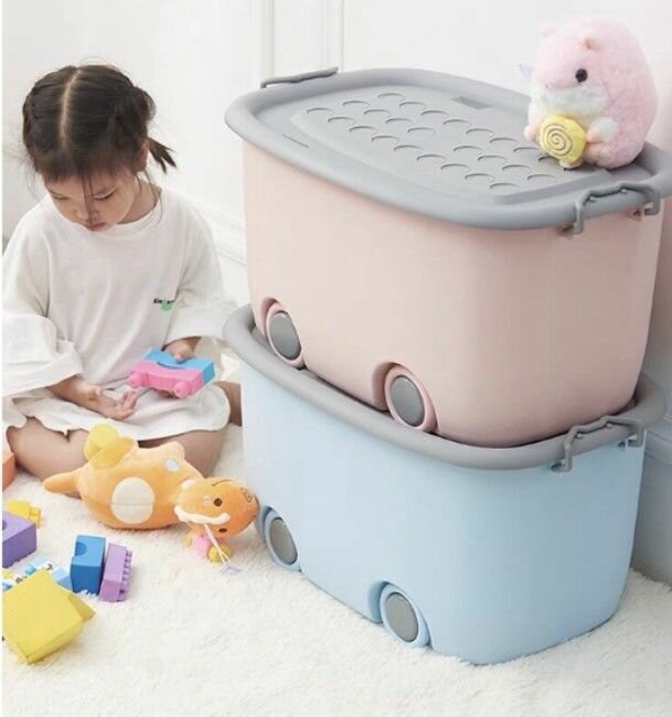 Ящик-контейнер для игрушек, пластик/корзина-органайзер на колесиках, для хранения игрушек, 60 литров, розово-серый