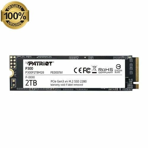 Внутренний SSD-диск Patriot Memory SSD M.2 Patriot 2.0Tb P300 (PCI-E 3.0 x4, up to 2100/1650MBs, 290000 IOPs, 3D TLC, SMI2263XT, TBW 320Tb, 22х80mm)