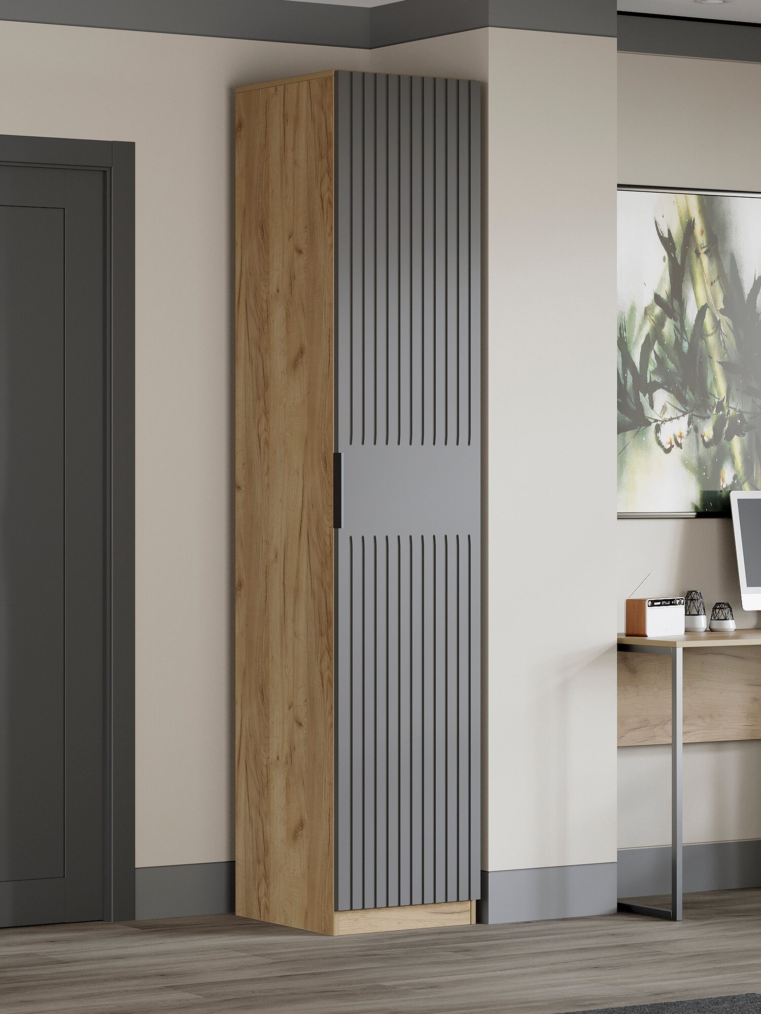 Шкаф для белья 45х52.8х226 распашной с полками Хилтон, Дуб Крафт золотой/Графит матовый