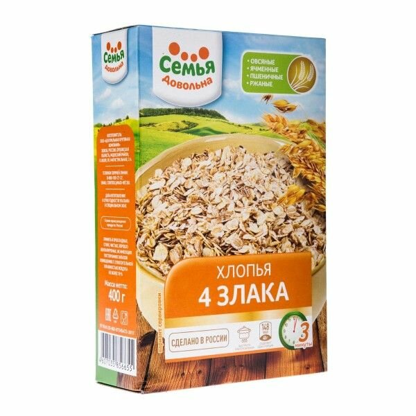 Хлопья 4 злака Семья довольна 400г 3шт