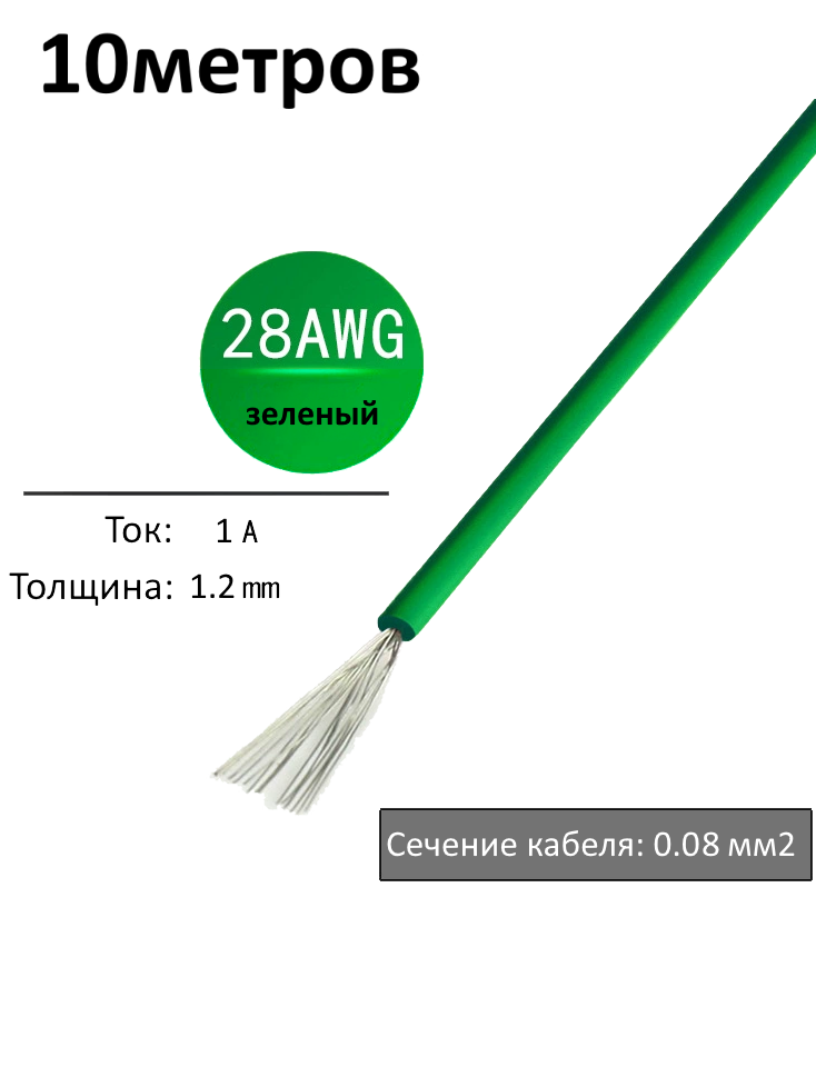 Провод электрический 28AWG, 0.08 кв. мм зеленый многожильный 10м.