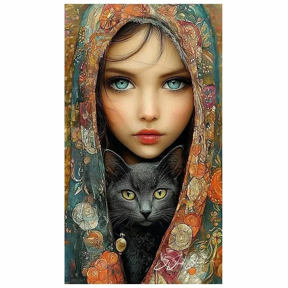 Алмазная картина "Женщина с кошкой" алмазная огранка 40х60 см,40X60CM, белый