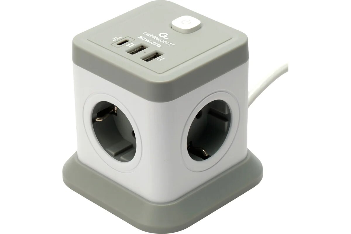 Cablexpert Tower 4р сетевой фильтр 10A, Type-C PD 20W, 2x USB, 2м, защита 2+, белый