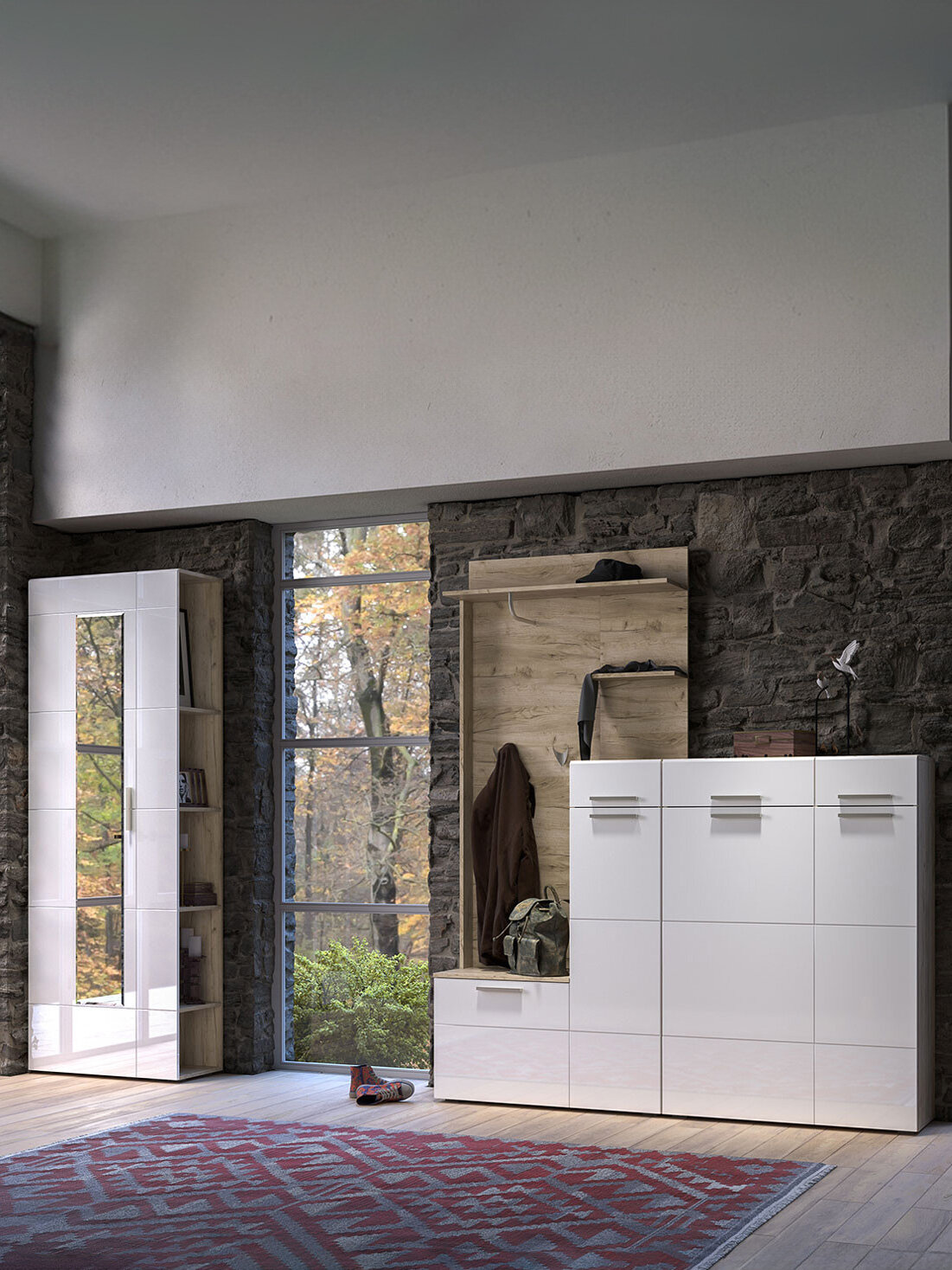 Прихожая комплект Лайн со шкафом, стеллажом, комодом, обувницей, вешалкой, зеркалом Дуб Крафт серый / Белый глянец